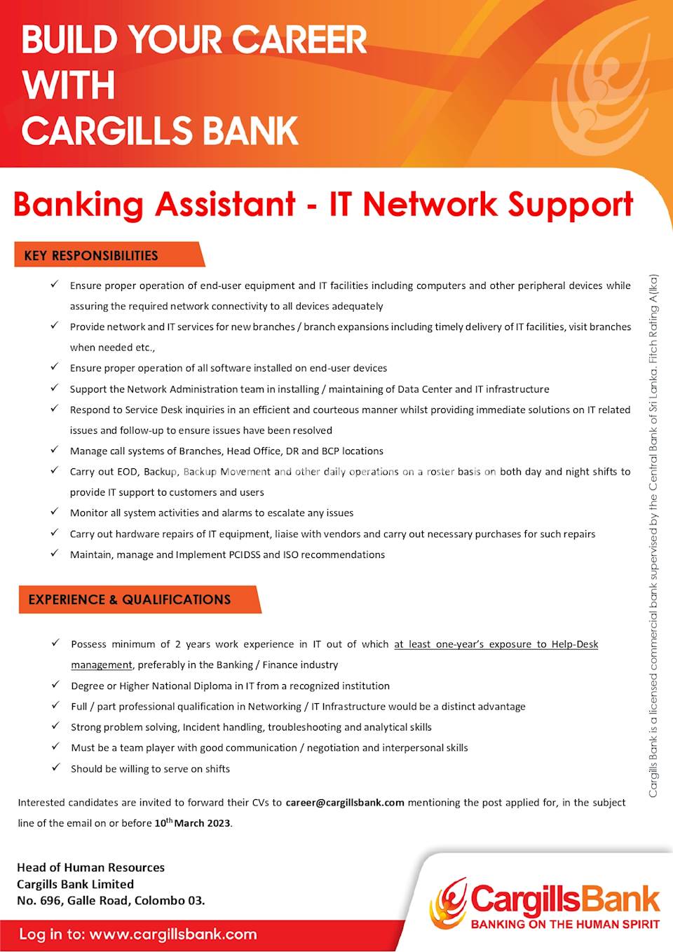 Banking Assistant - IT Network Support at Cargills Bank