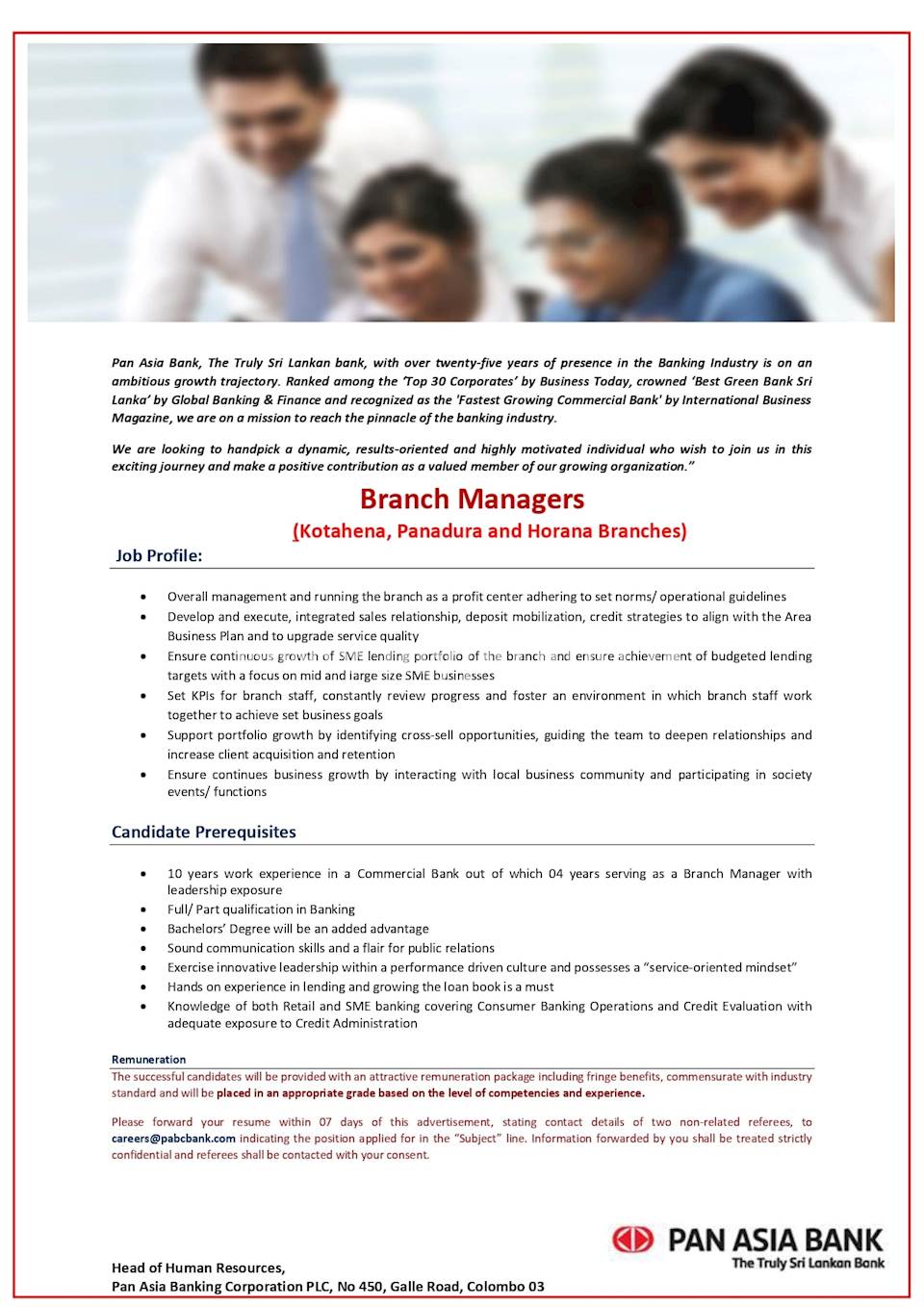 Branch Managers at Pan Asia Banking Corporation PLC