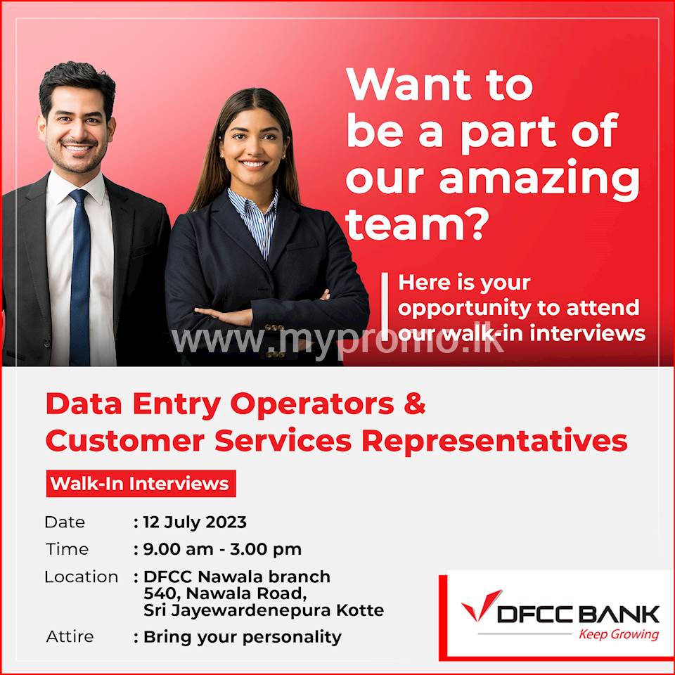 Data Entry Operators & Customer Services Representatives at DFCC Bank PLC