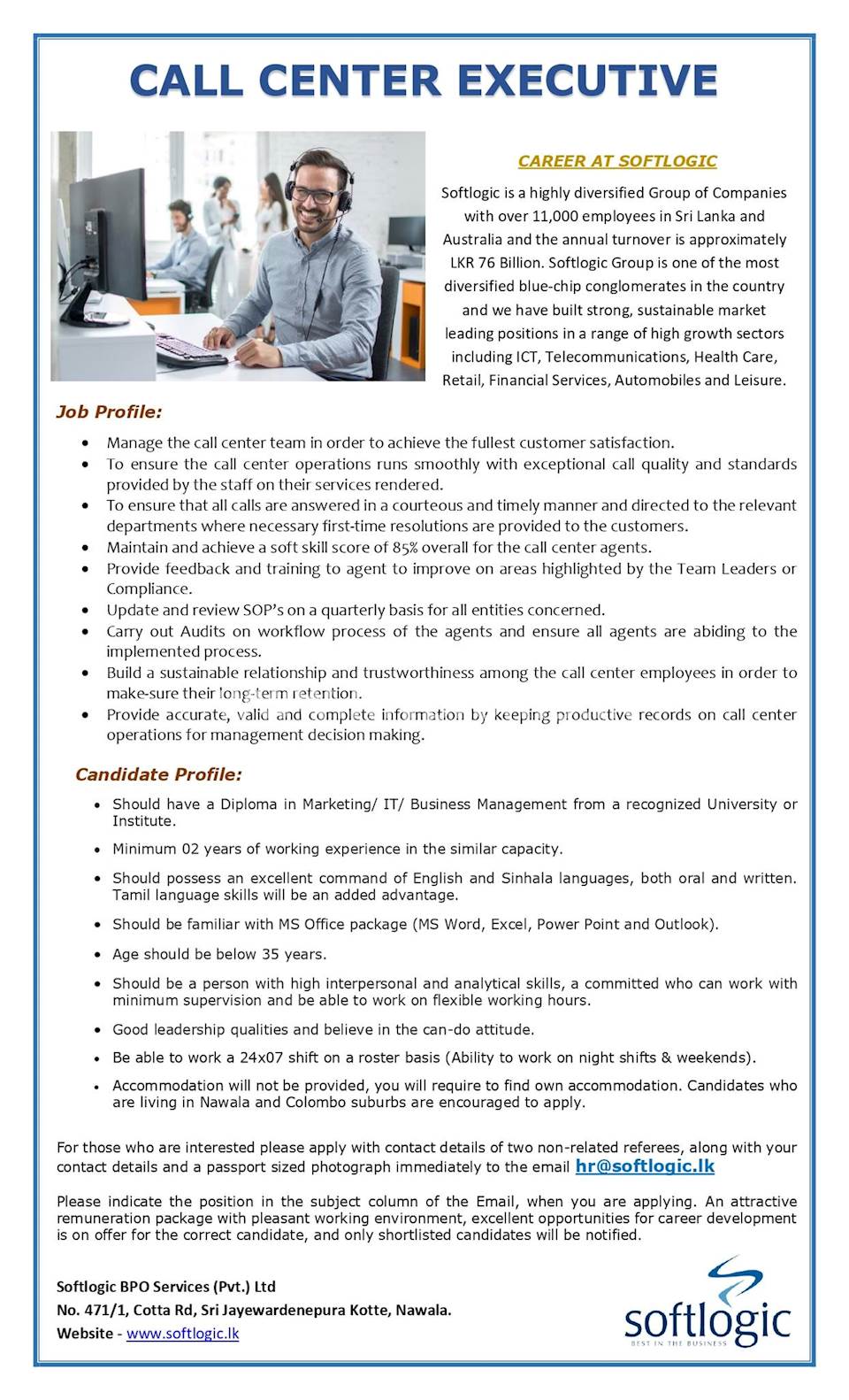 Call Center Executive at Softlogic Holdings PLC