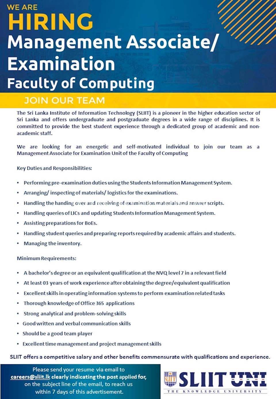 Management Associate/ Examination (Faculty of Computing) at SLIIT