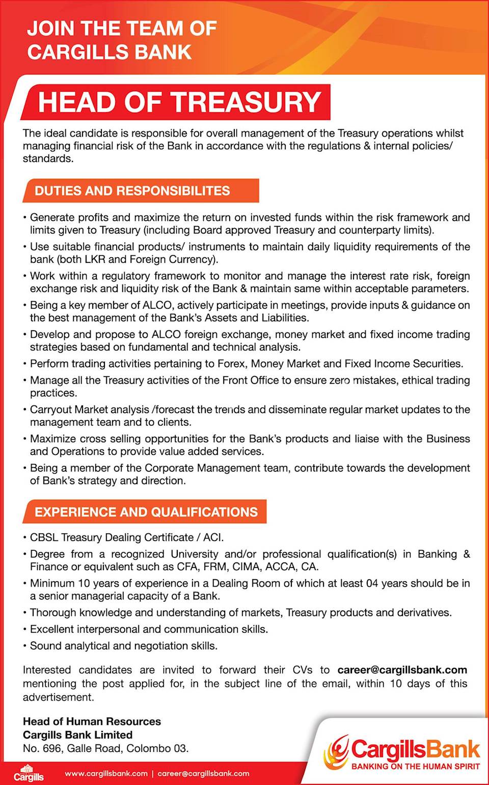 Head of Treasury at Cargills Bank