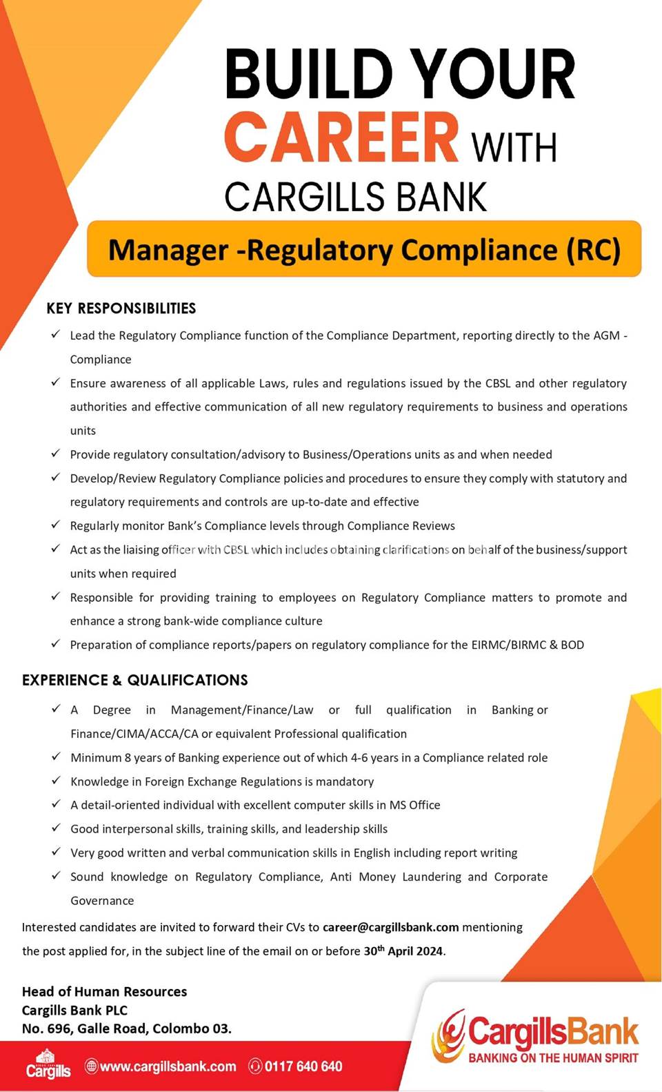 Manager - Regulatory Compliance at Cargills Bank