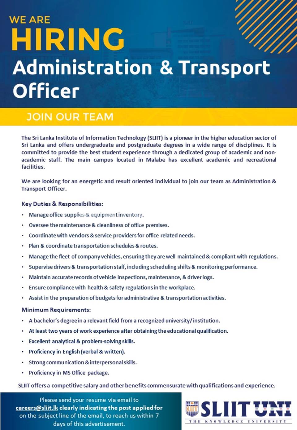 Administration and Transport Officer at SLIIT