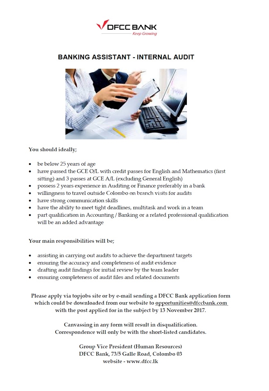 Banking Assistant - Internal Audit at DFCC Bank PLC
