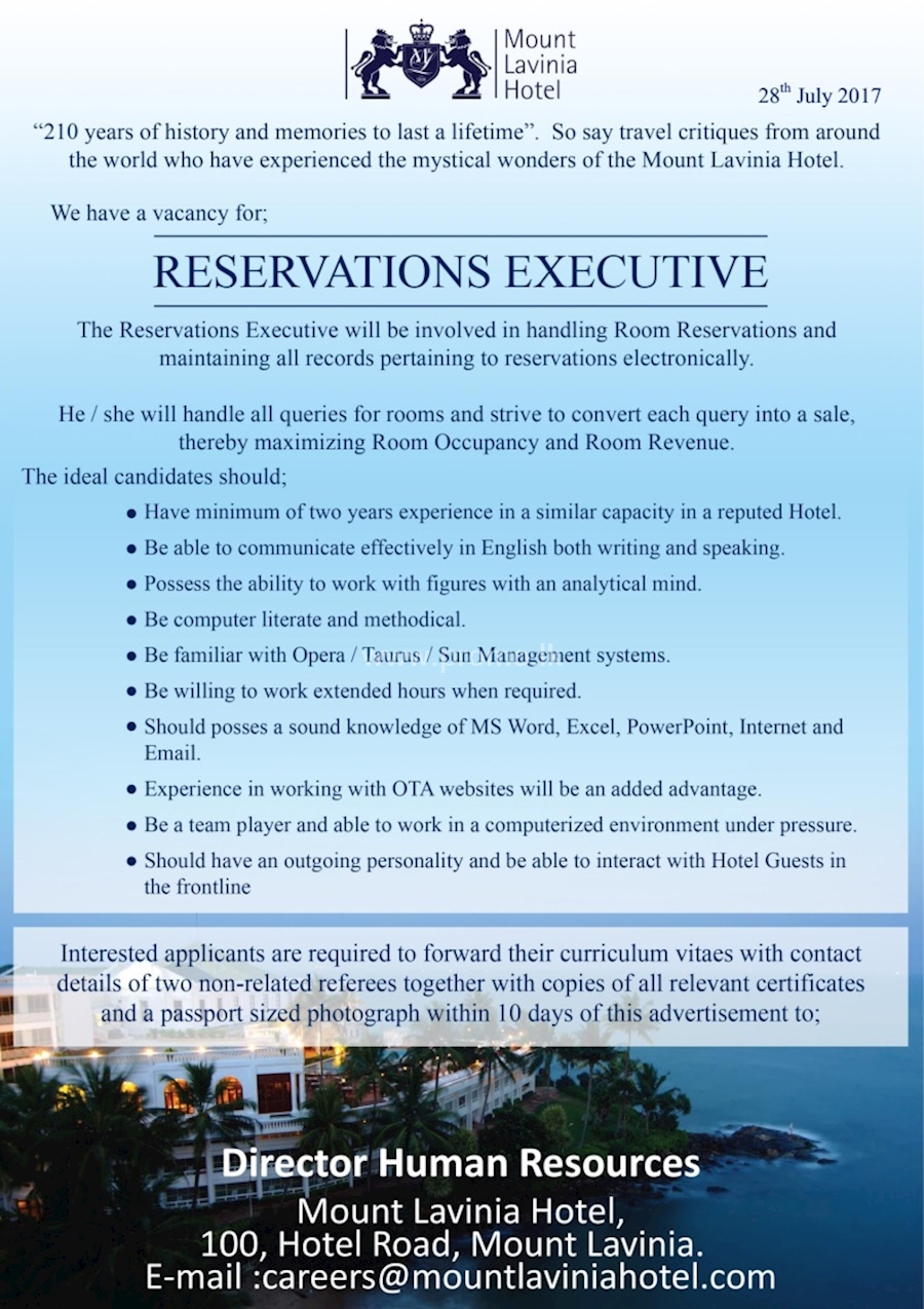 Reservation Executive at Mount Lavinia Hotel
