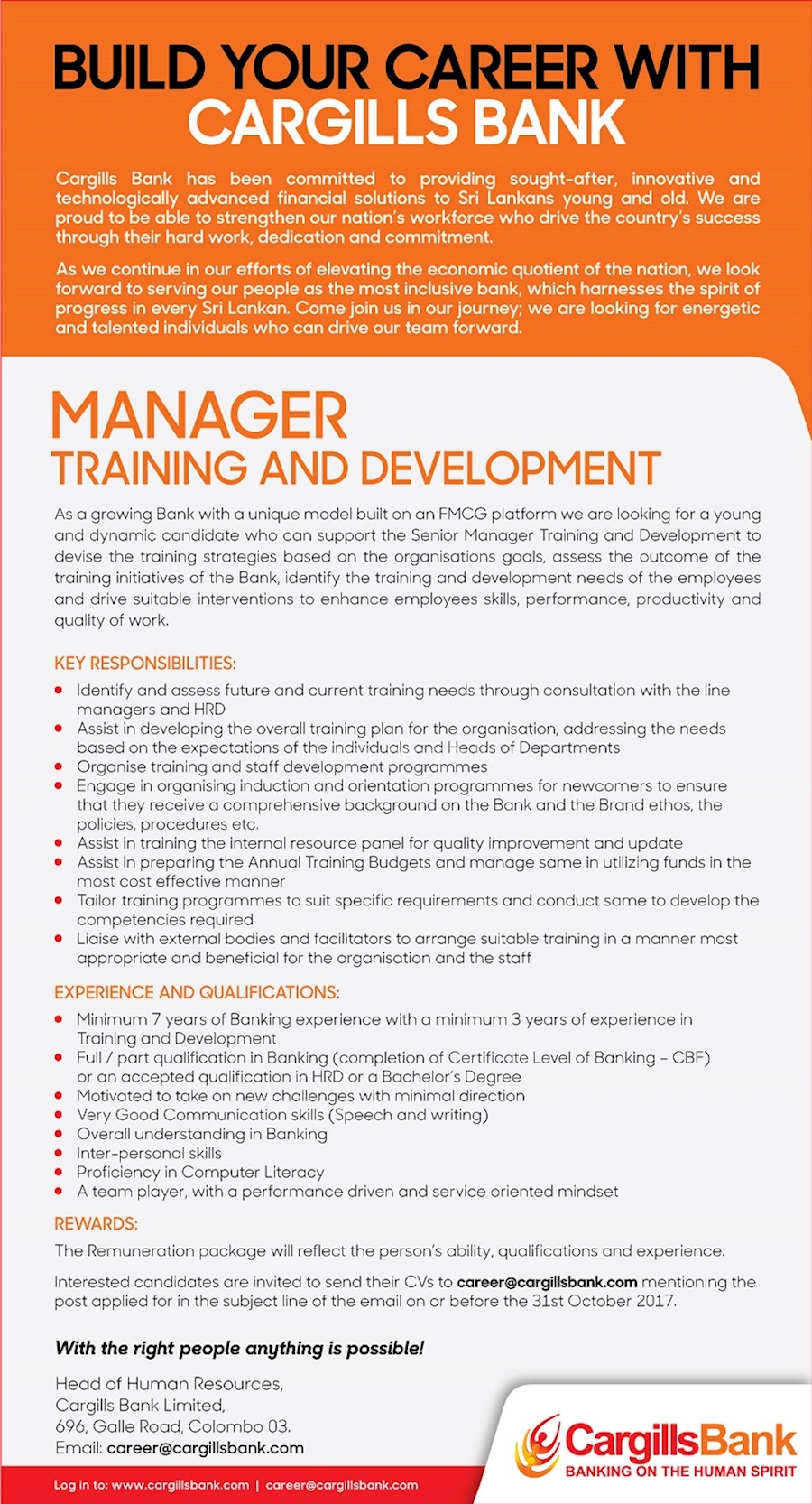 Manager - Training and Development at Cargills Bank
