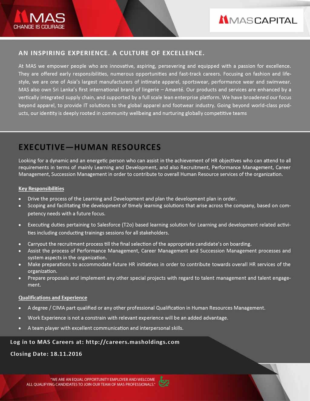 Vacancy for EXECUTIVE HR at MAS Capital at Hatton National Bank