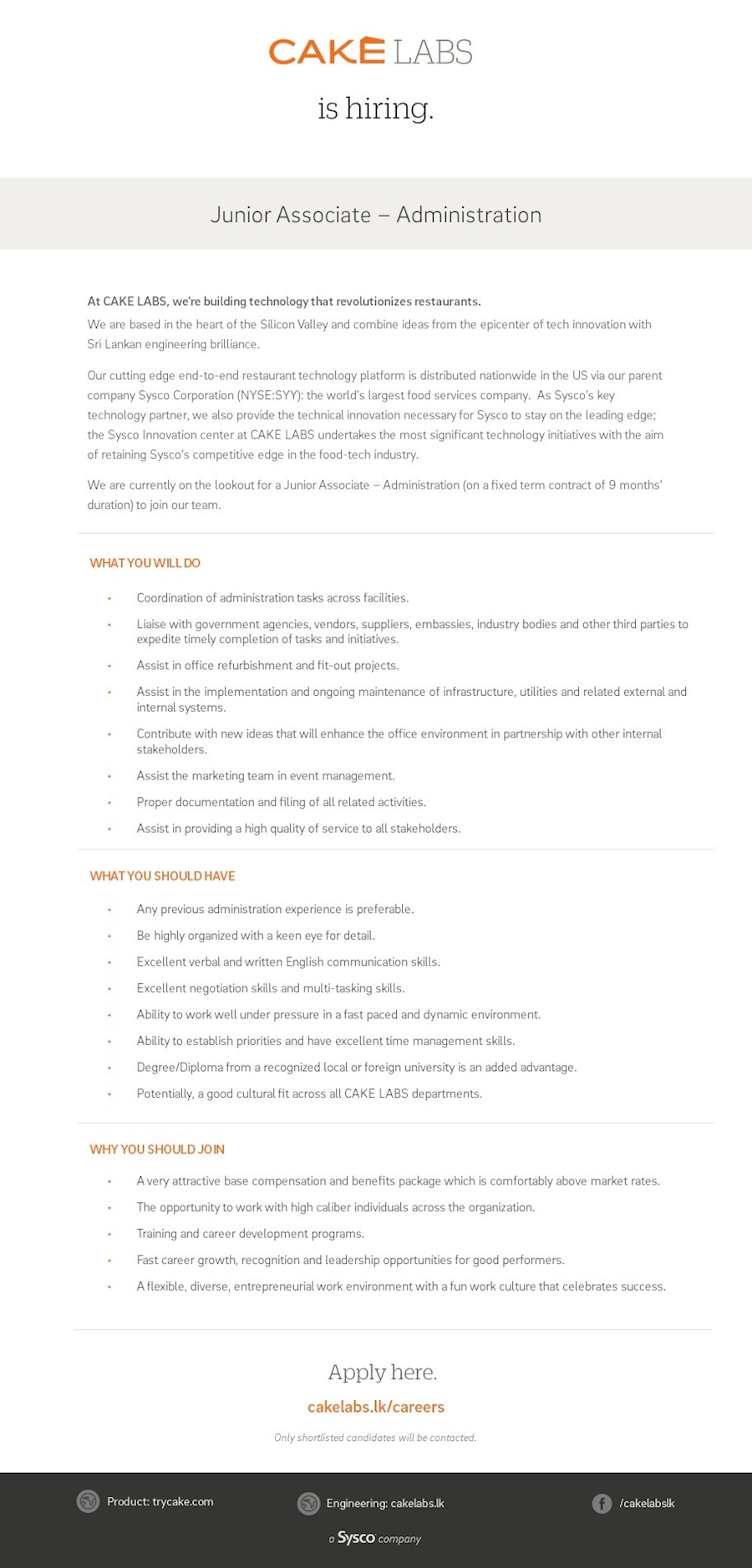 Junior Associate-Administration at Sysco Labs