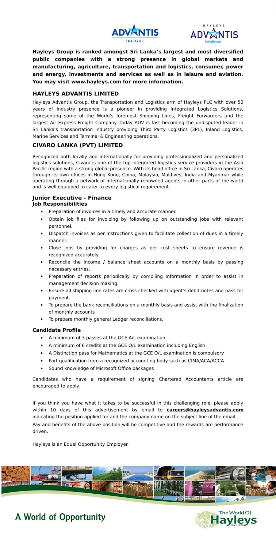 JUNIOR EXECUTIVE FINANCE At Hayleys Advantis junior-executive-finance-at-hayleys-advantis