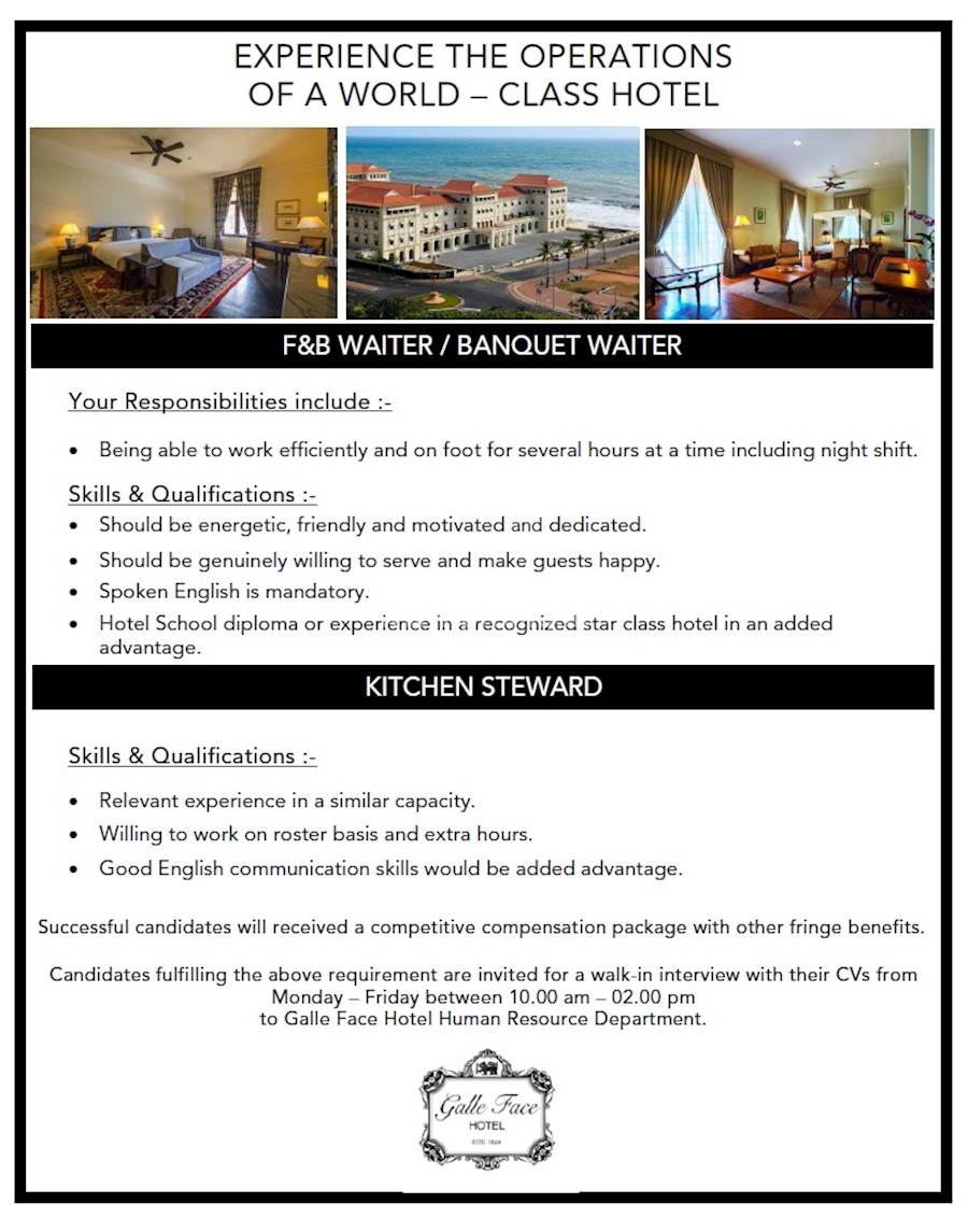 HOTEL VACANCIES at GALLE FACE HOTEL at Galle Face Hotel