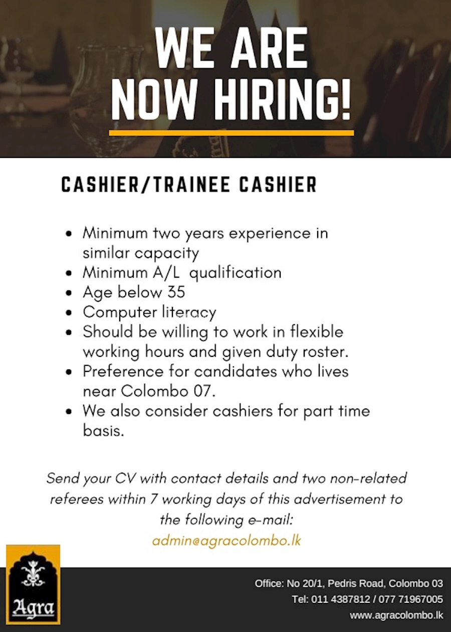 Cashier or Trainee Cashier at AGRA Colombo