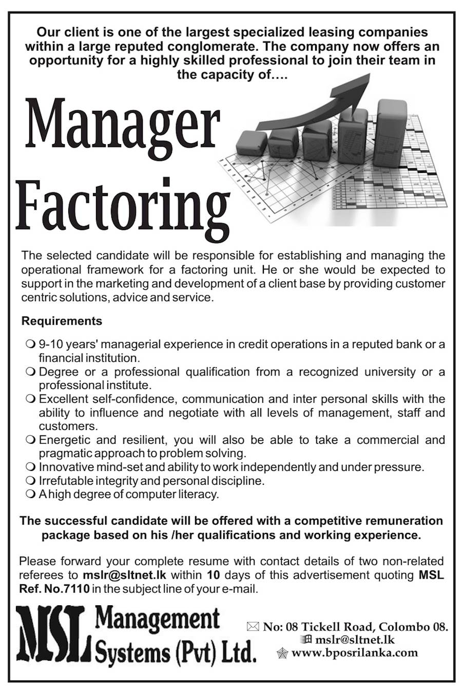 Vacancy for Manager Factoring at MSL MANAGEMENT SYSTEMS (PVT) LTD at Berjaya Hotel