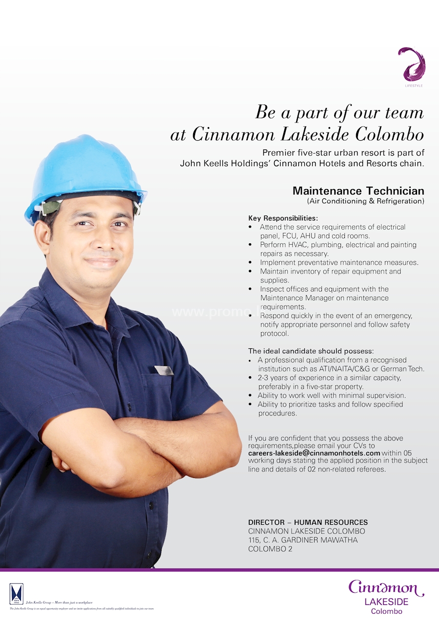 MAINTENANCE TECHNICIAN at Cinnamon Hotels