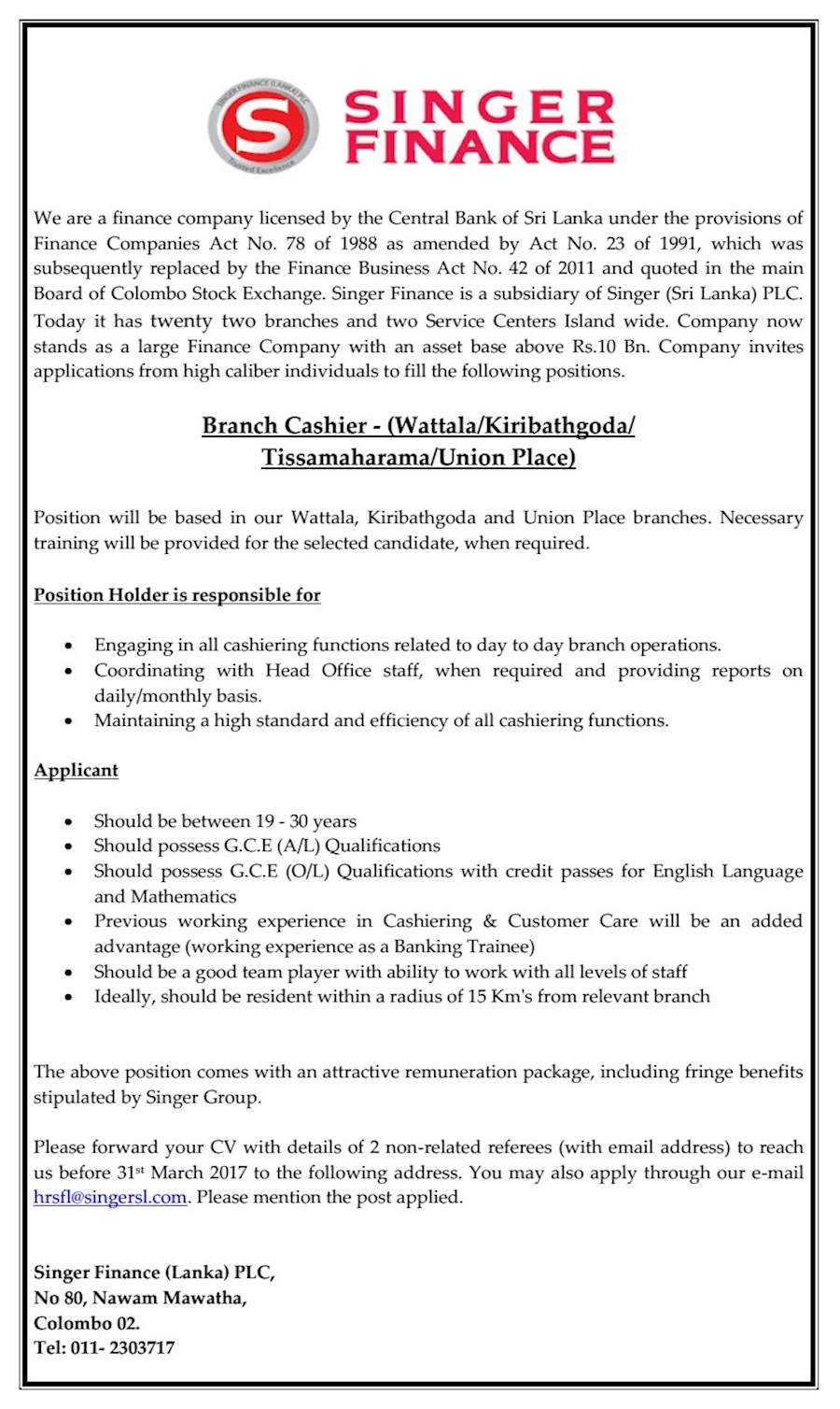 BRANCH CASHIER at SINGER FINANCE at Singer