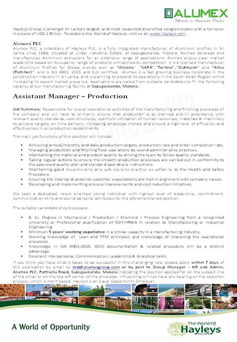 Assistant Manager - Production at Hayleys Group