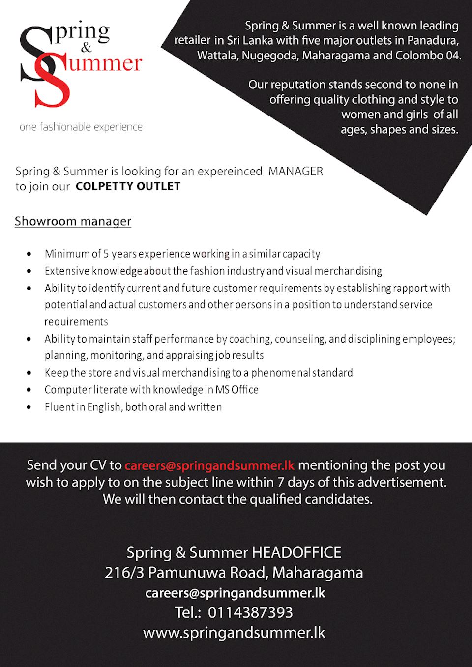 Showroom Manager at Spring & Summer