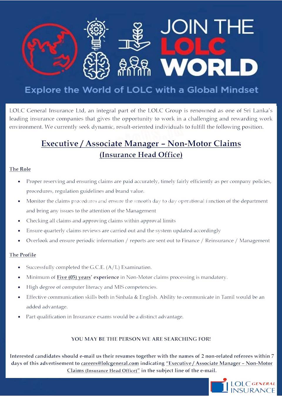 Executive / Associate Manager - Non-Motor Claims at LOLC