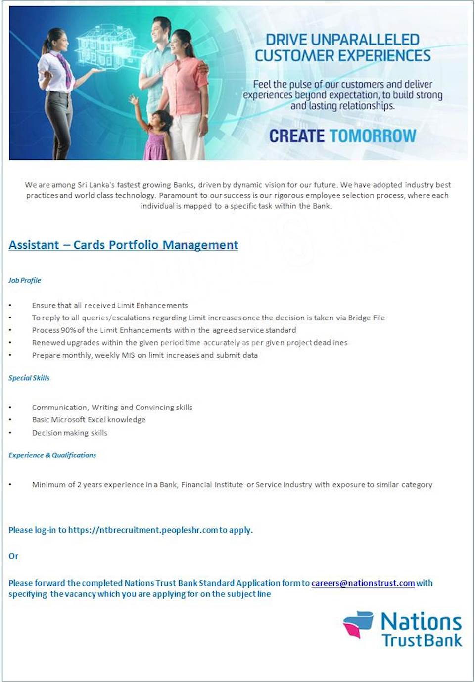 Assistant - Cards Portfolio Management at Nations Trust Bank