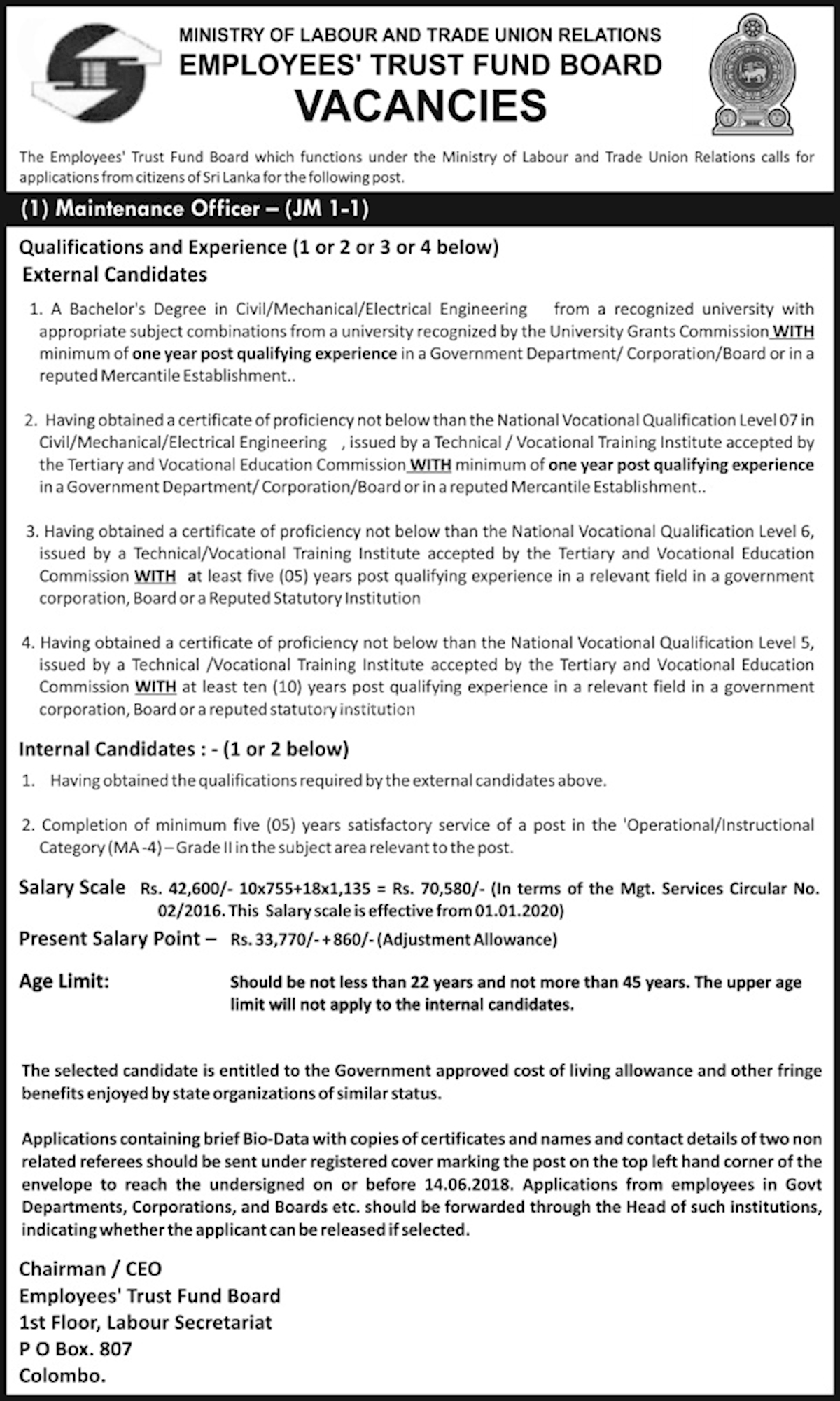 Maintenance Officer - (JM 1-1) at Employees' Trust Fund Board