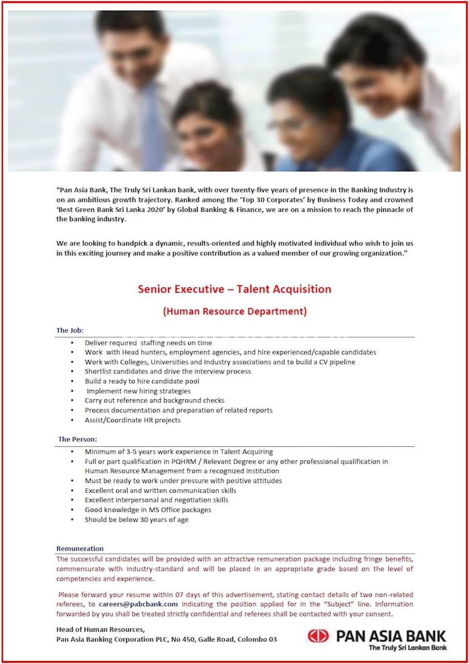 Senior Executive - Talent Acquisition at Pan Asia Banking Corporation PLC
