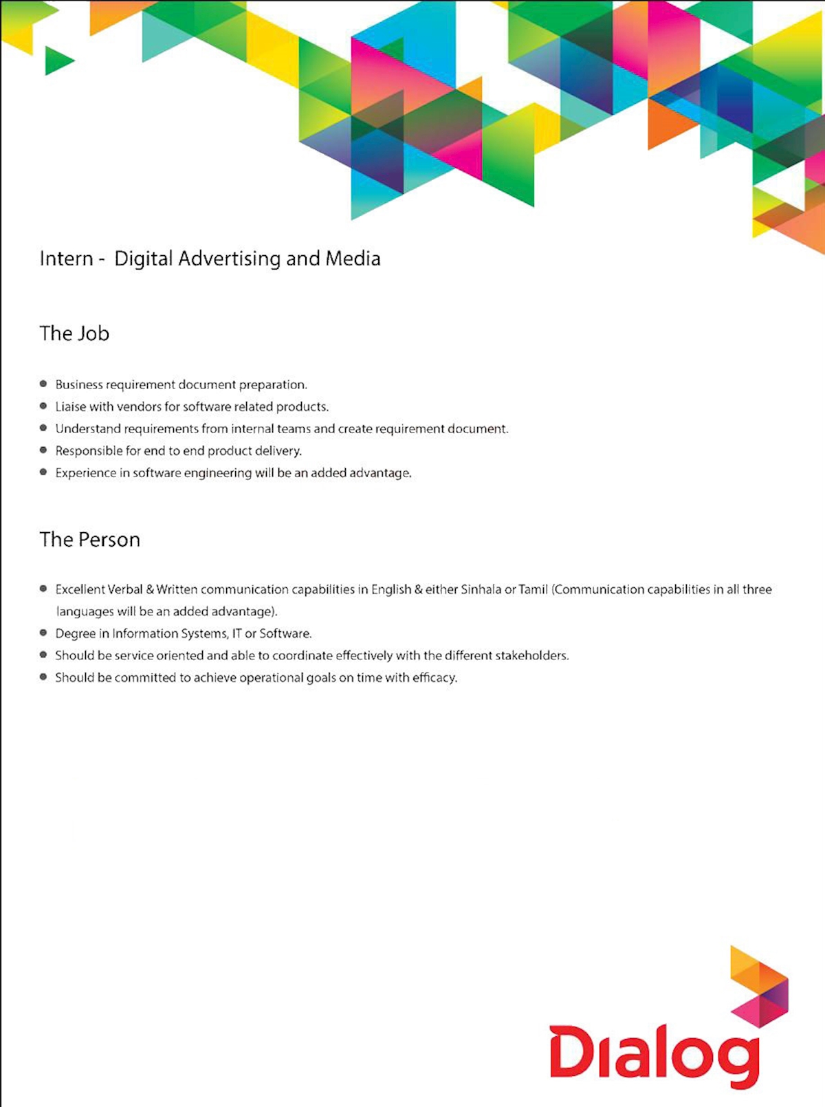 Intern - Digital Advertising and Media at Dialog Axiata