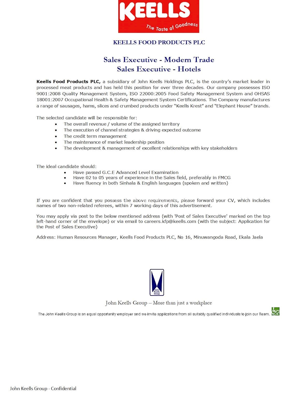 Sales Executive - Modern Trade at John Keells Holdings