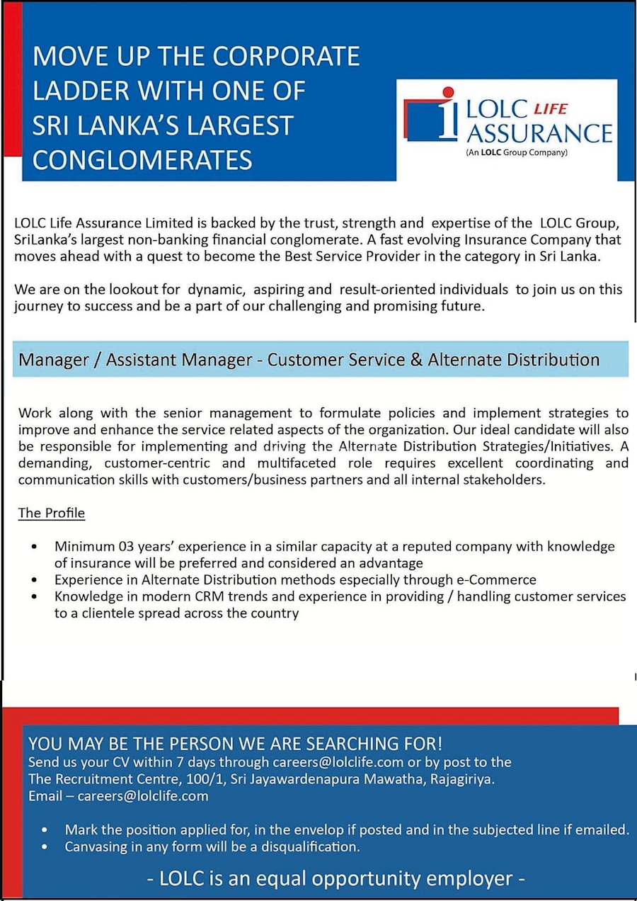 Manager / Assistant Manager - Customer Service and Alternate ...