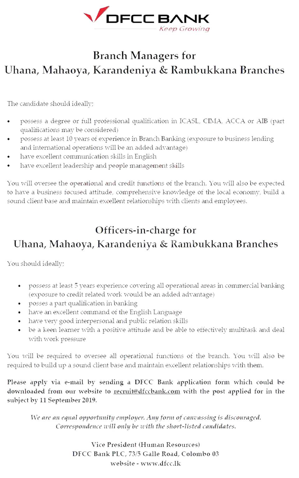 Vacancies at DFCC Bank PLC