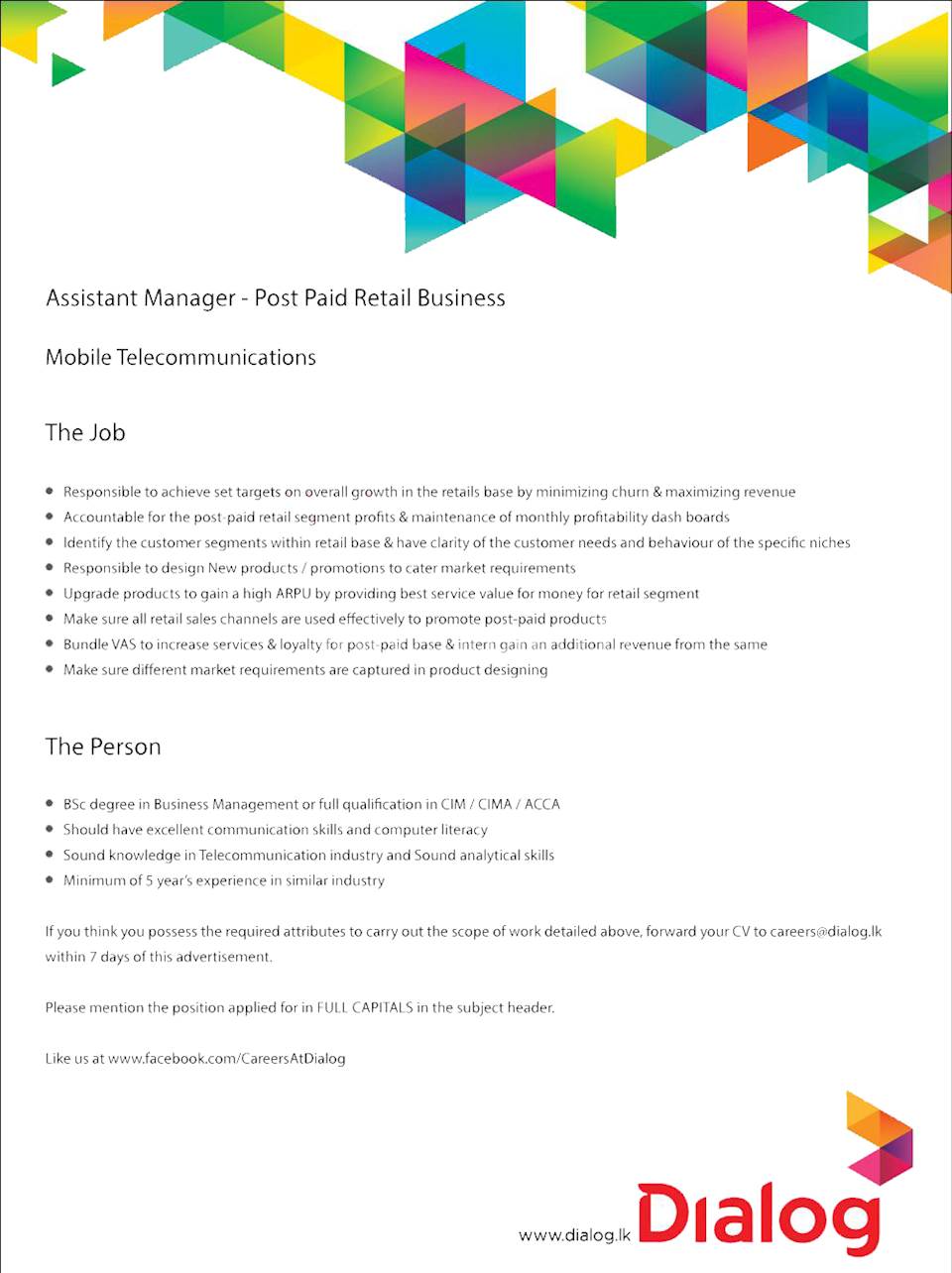 Assistant Manager - Post paid Retail Business at Dialog Axiata
