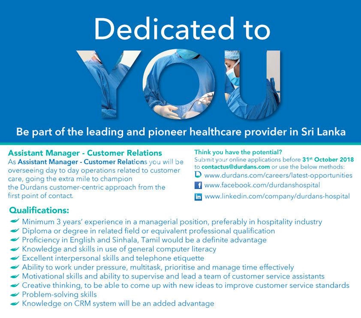 Assistant Manager - Customer Relations at Durdans Hospital