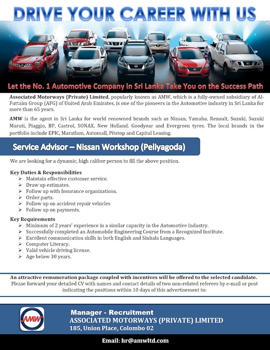 Service Advisor - Nissan Workshop (Peliyagoda) at Associated Motorways ...