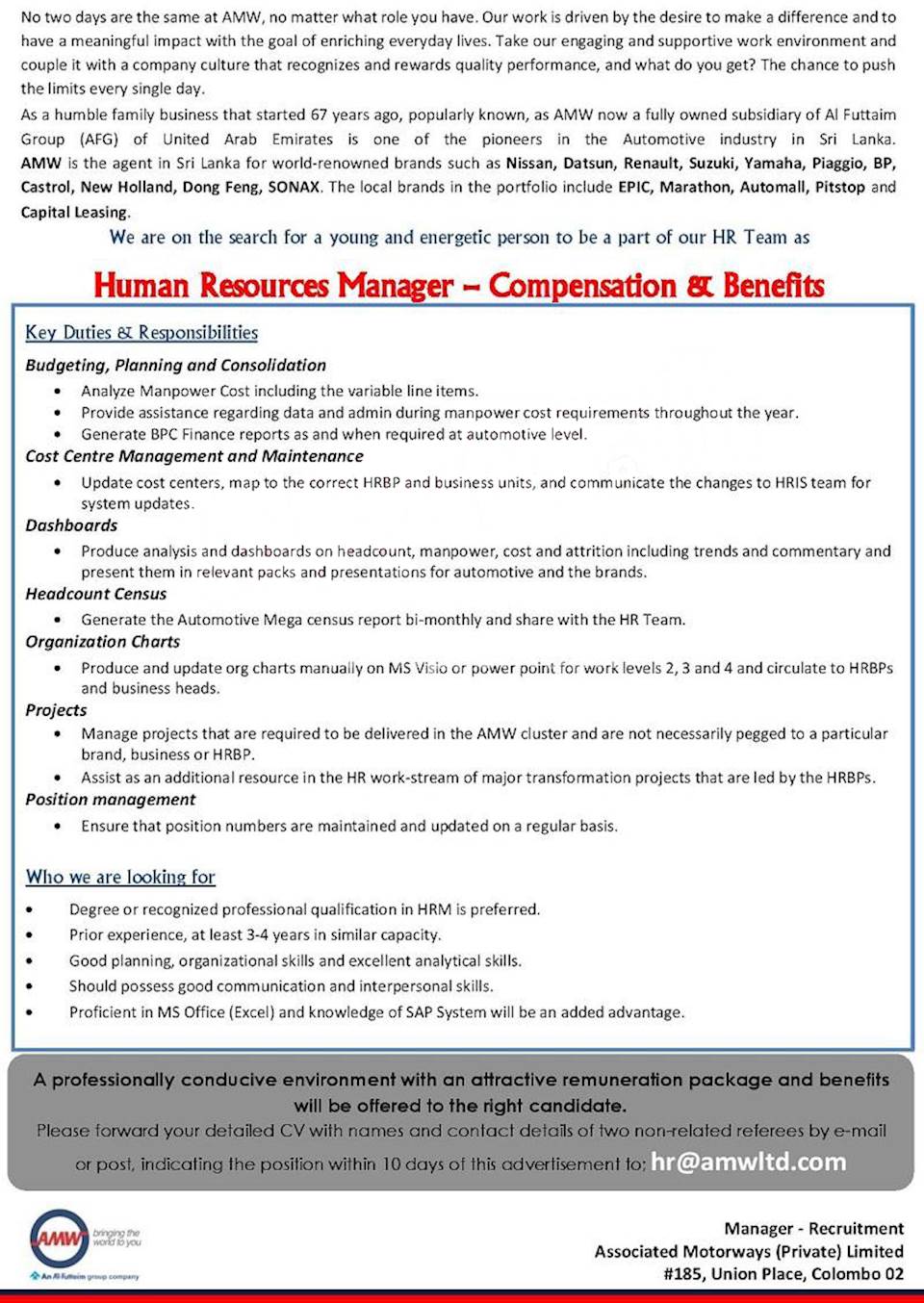 Human Resource Manager - Compensation and Benefits at Associated ...