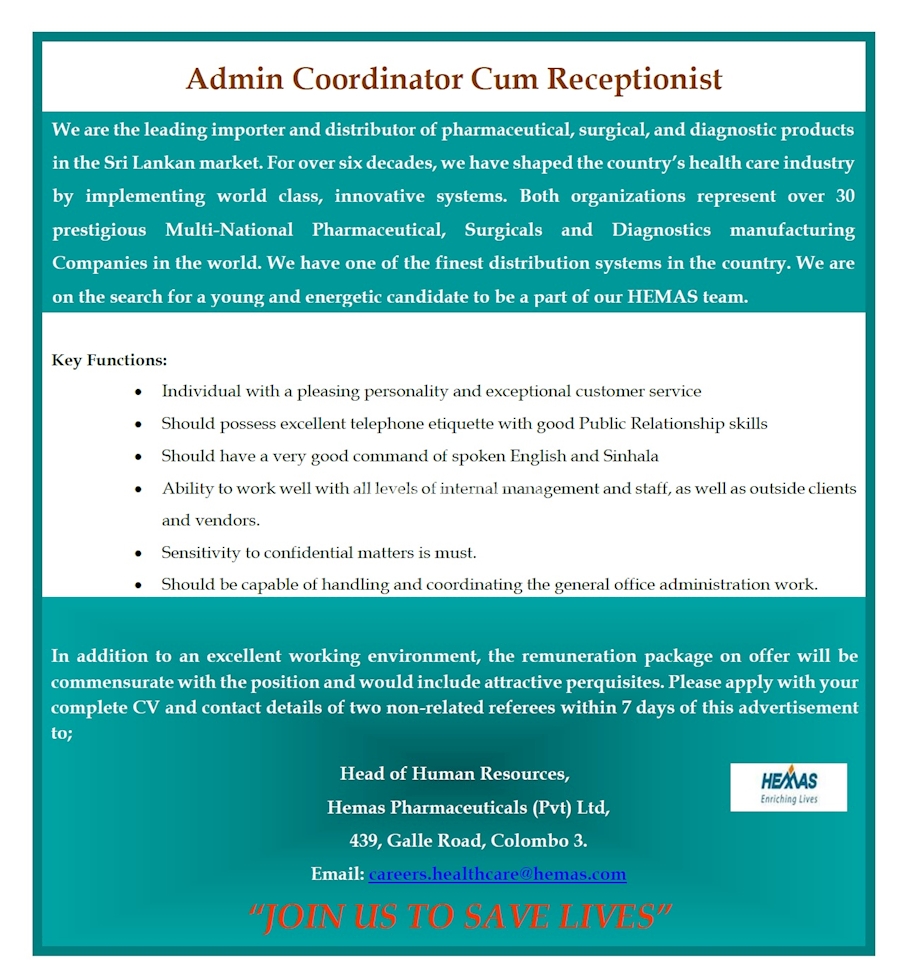 Admin Coordinator Cum Receptionist at Hemas Holdings