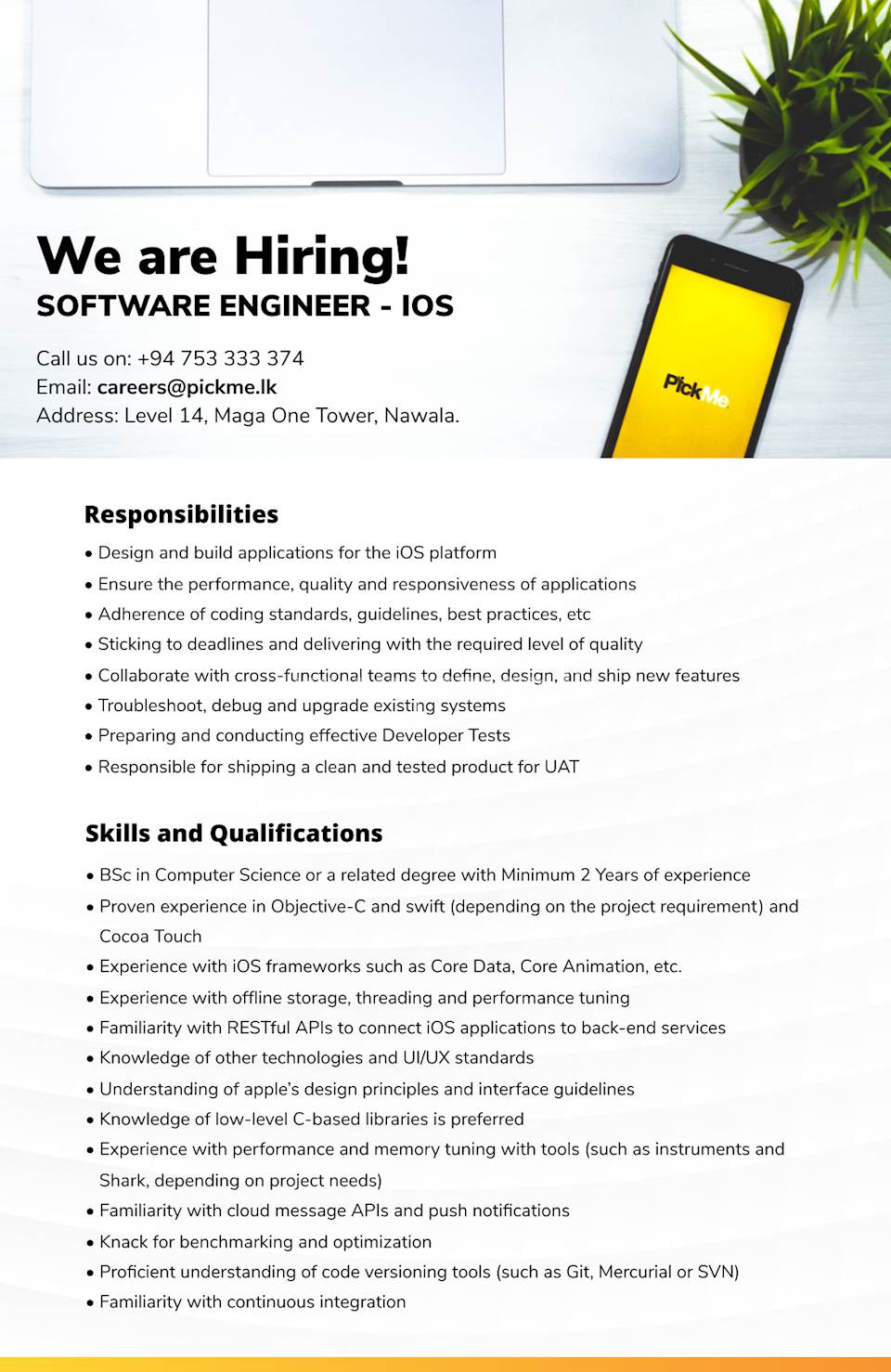 Software Engineer - IOS at PickMe.lk