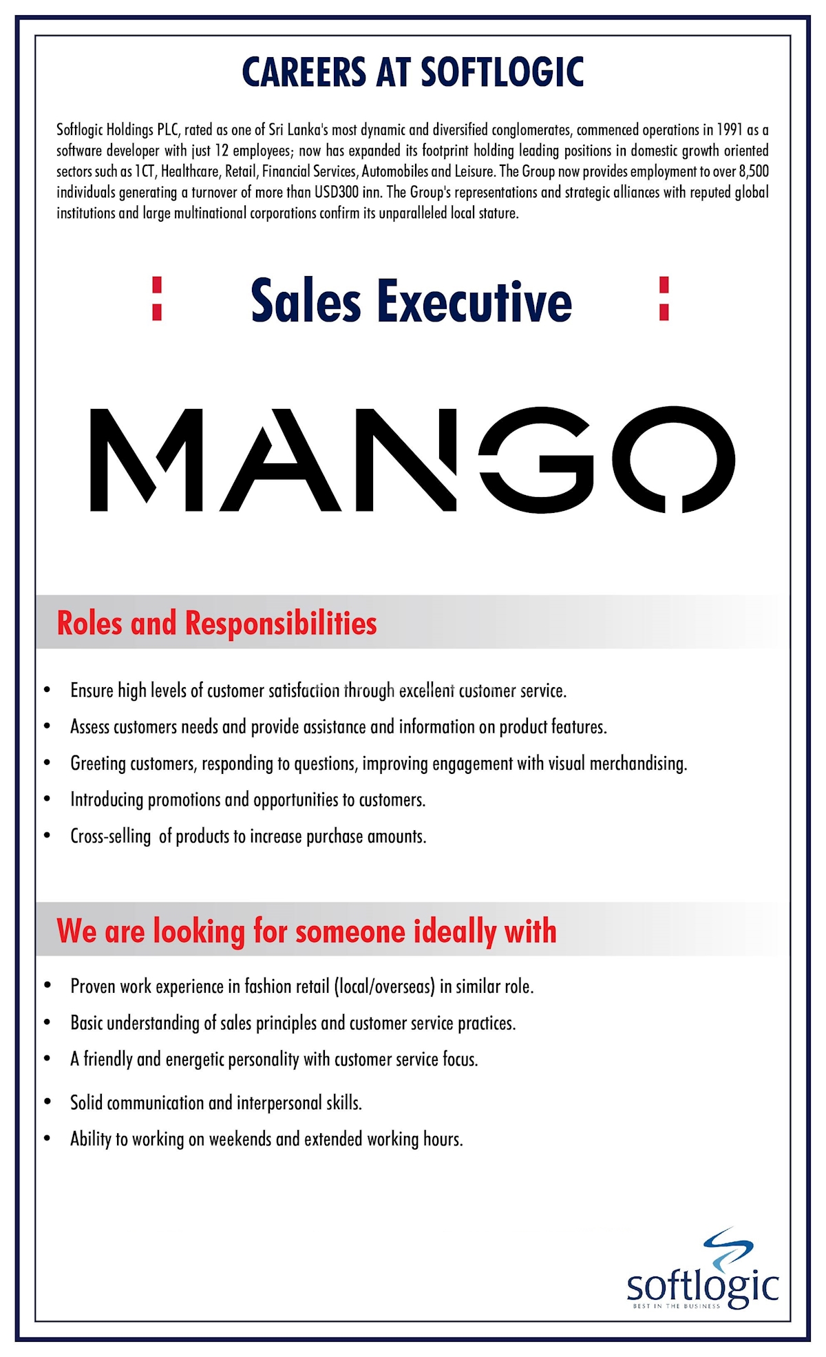 Sales Executive - Mango at Softlogic Holdings PLC