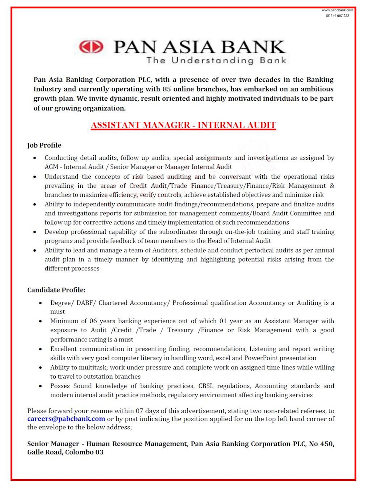 Assistant Manager - Internal Audit at Pan Asia Banking Corporation PLC