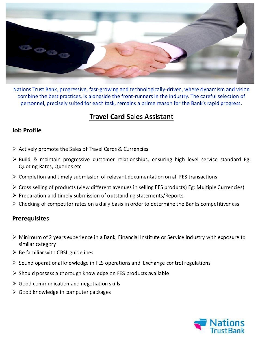 Travel Card Sales Assistant at Nations Trust Bank