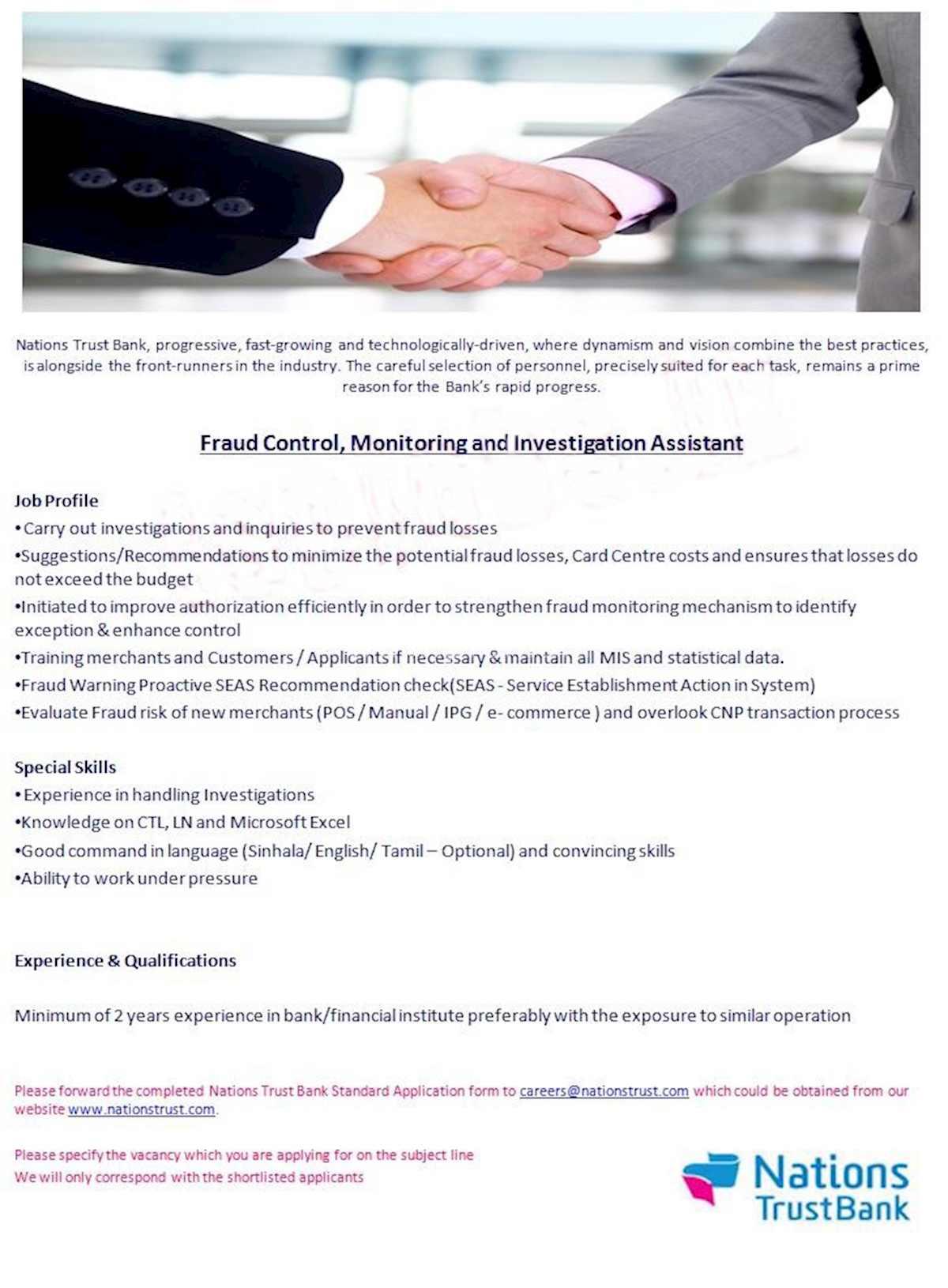 Fraud Control, Monitoring and Investigation Assistant at Nations Trust Bank