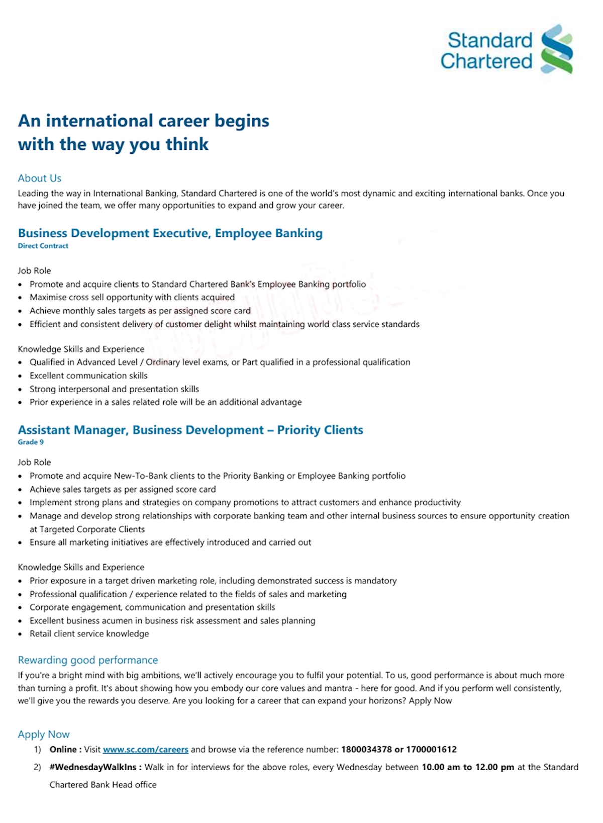 Vacancies at Standard Chartered Bank