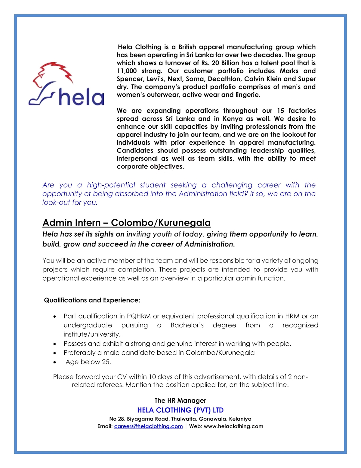 Admin Intern - Colombo/Kurunegala at Hela Clothing