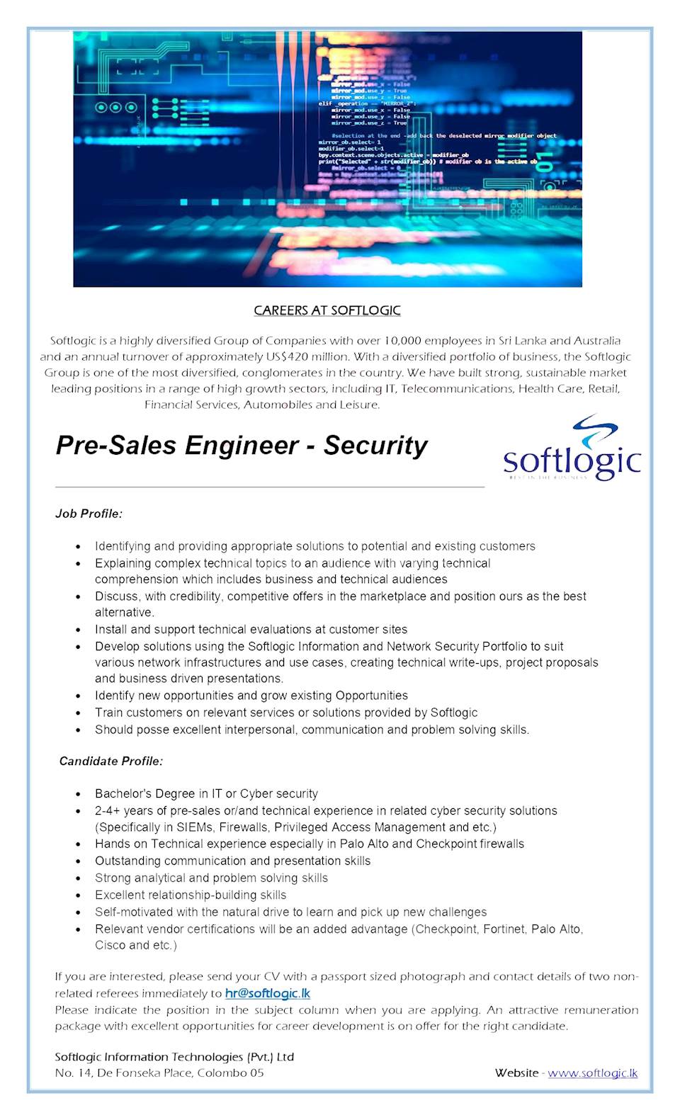 Pre - Sales Engineer - Security at Softlogic Holdings PLC