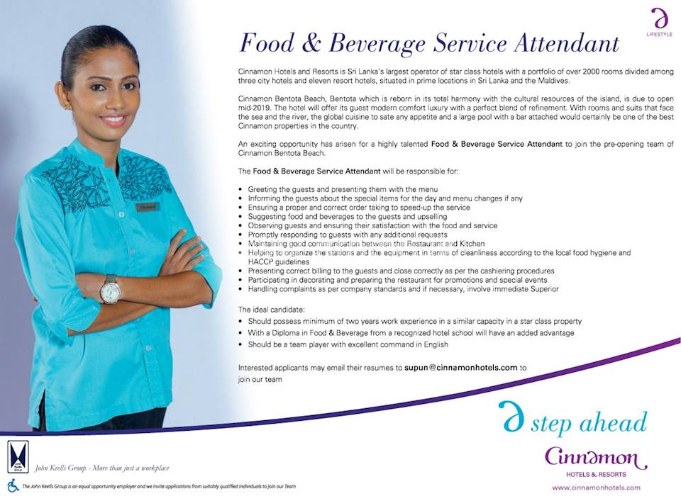 Food & Beverage Service Attendant at Cinnamon Hotels