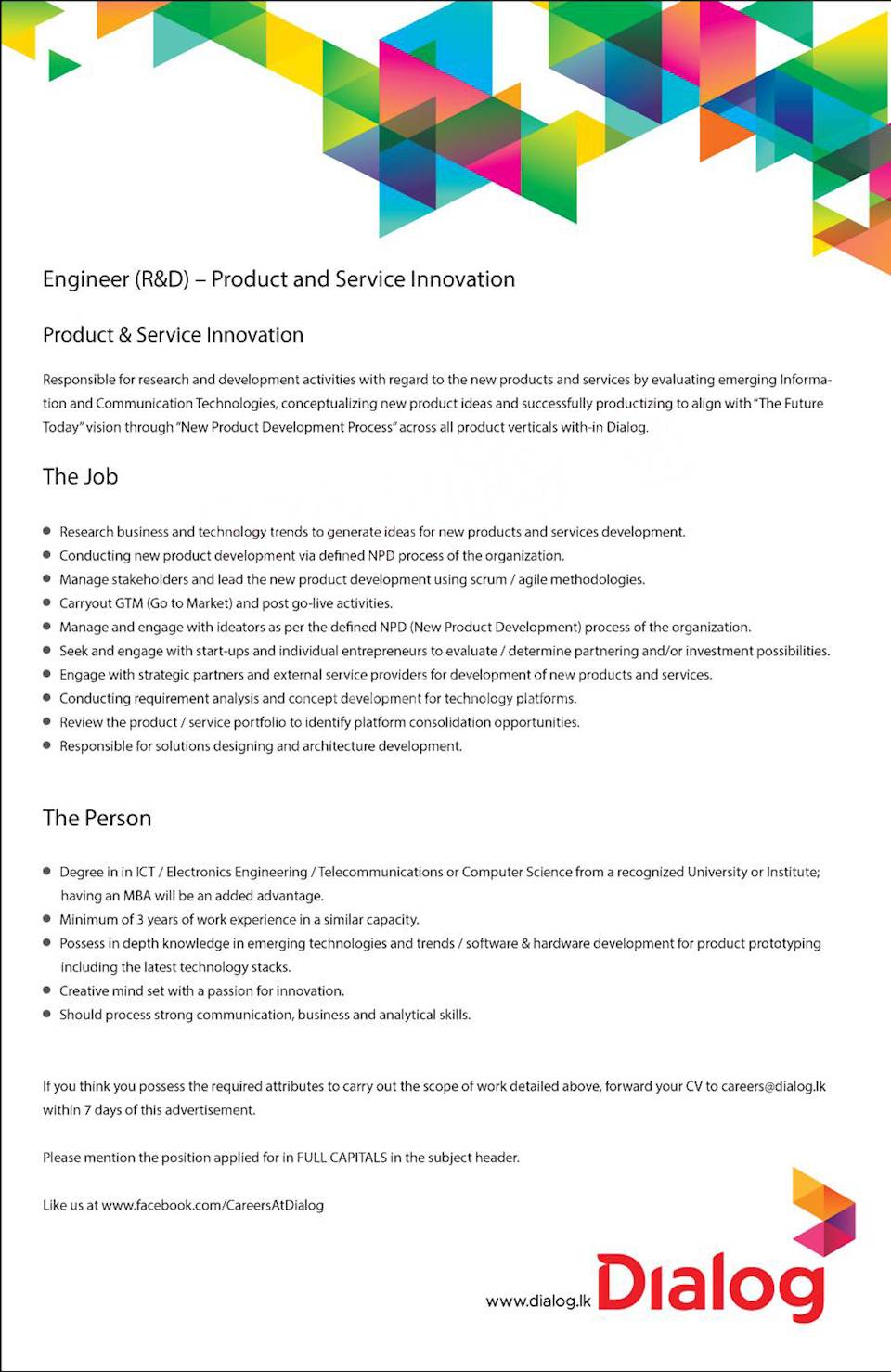 Engineer (R&D) - Product and Service Innovation at Dialog Axiata