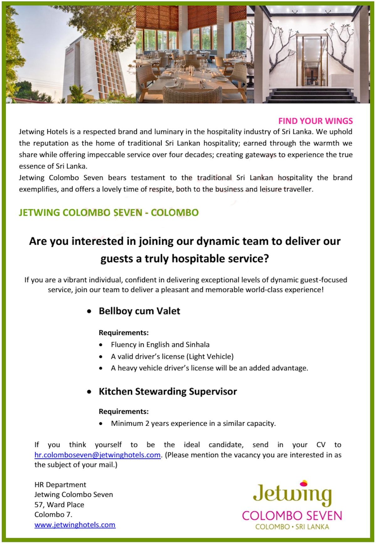 Vacancies at Jetwing Colombo Seven