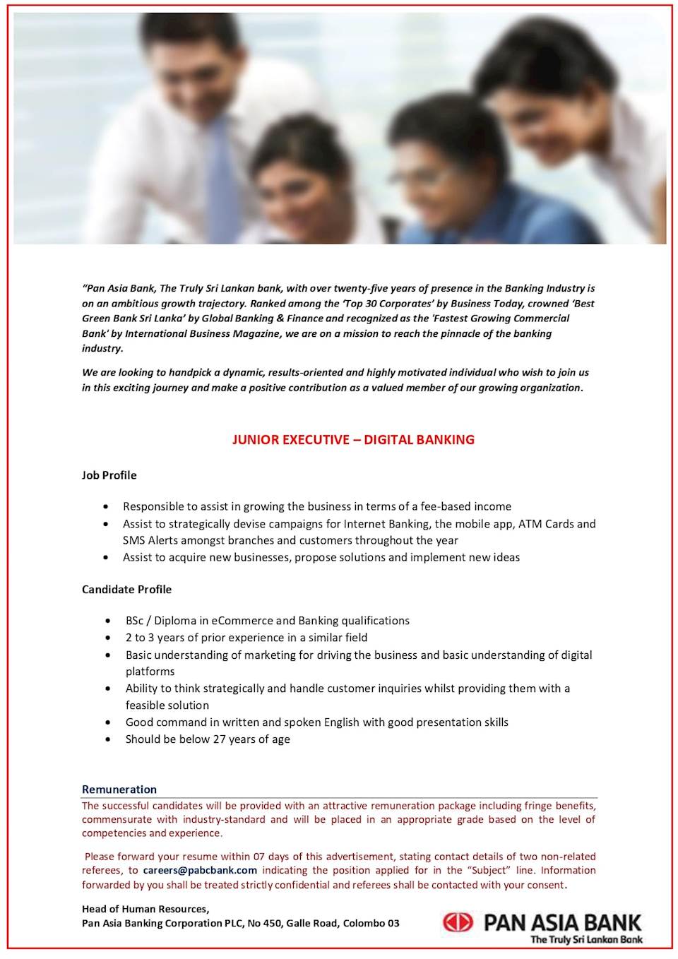Junior Executive - Digital Banking at Pan Asia Banking Corporation PLC