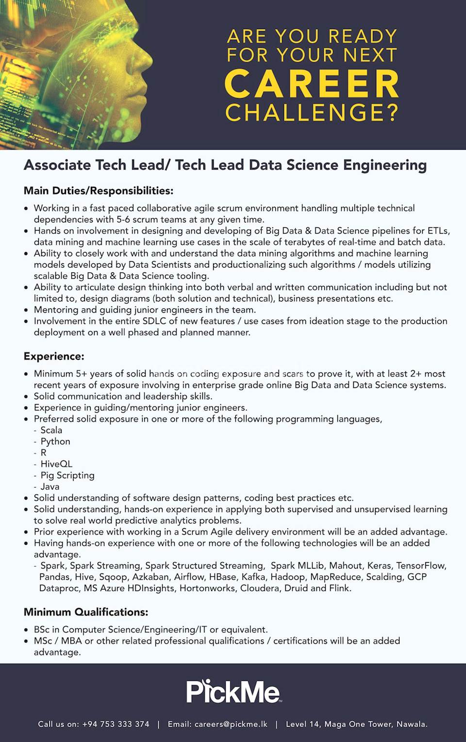 Associate Tech Lead / Tech Lead Data Science Engineering at PickMe.lk