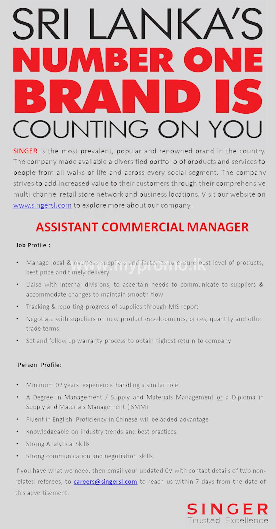Assistant Commercial Manager at Singer