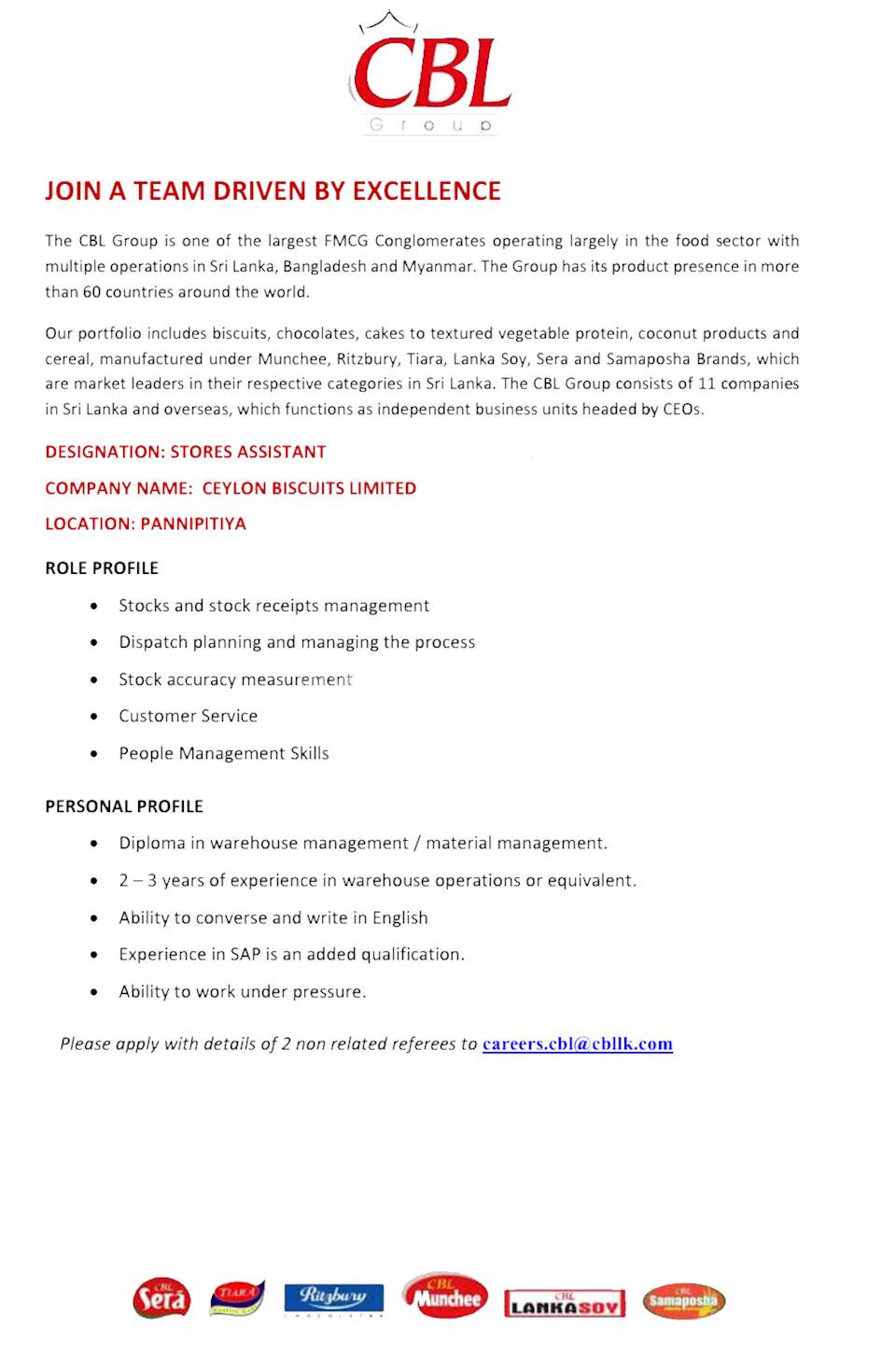 Stores Assistant at Ceylon Biscuits