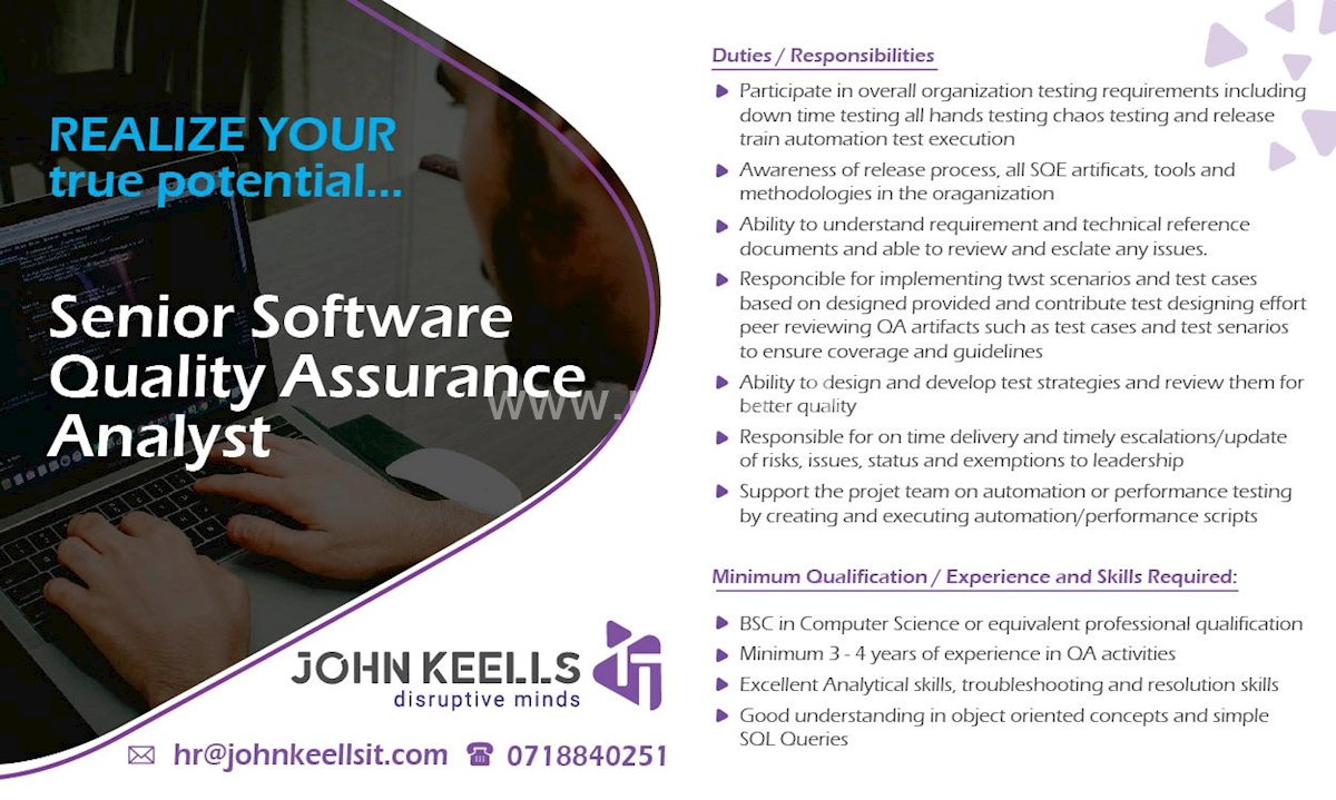 Senior Software Quality Assurance Analyst at John Keells Holdings